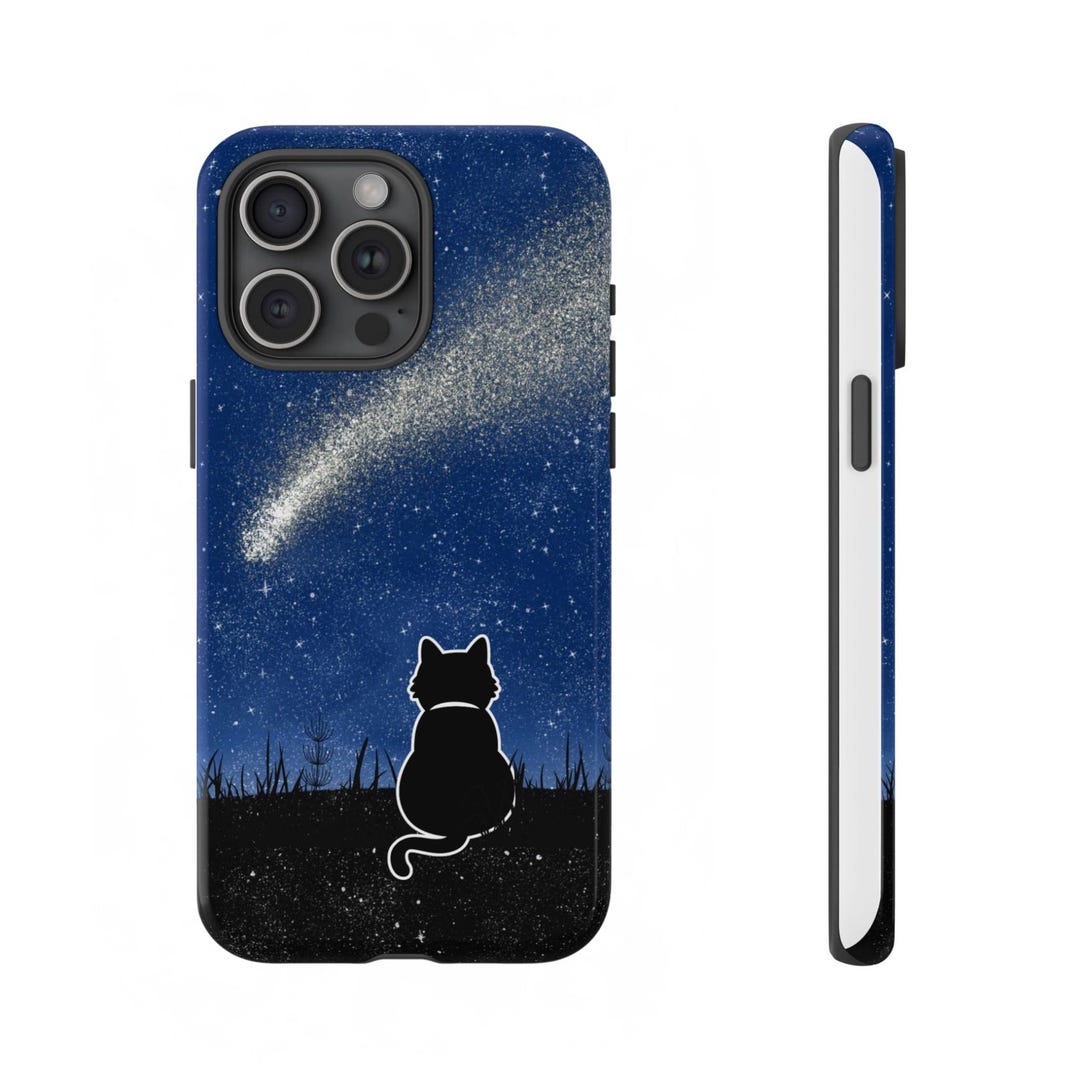 Cat Under the Starry Night Sky Phone Case Minimalistic Nightscape ...