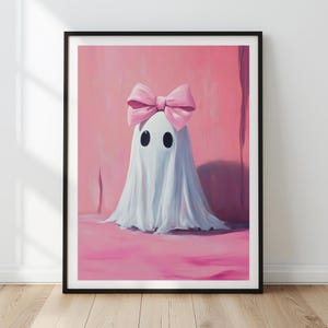 Pink Bow Ghost Wall Art Print, Halloween Decor, Preppy Trendy Printable ...