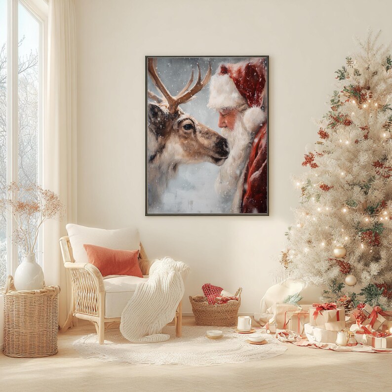 Vintage Santa and Reindeer Art Print | Classic Christmas Decor (digital ...