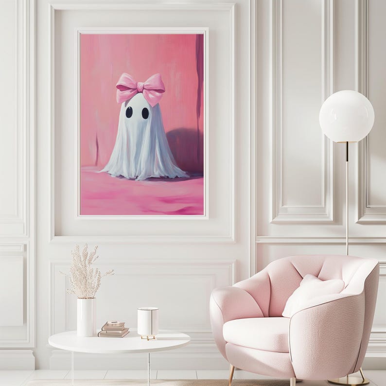 Pink Bow Ghost Wall Art Print, Halloween Decor, Preppy Trendy Printable ...
