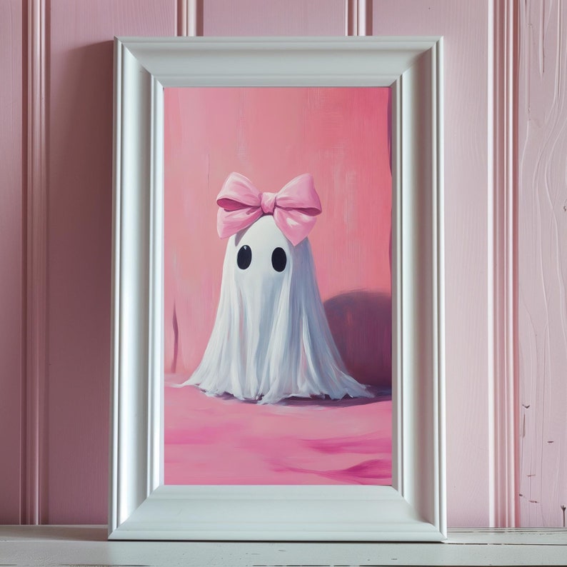 Pink Bow Ghost Wall Art Print, Halloween Decor, Preppy Trendy Printable ...