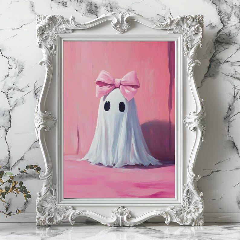 Pink Bow Ghost Wall Art Print, Halloween Decor, Preppy Trendy Printable ...