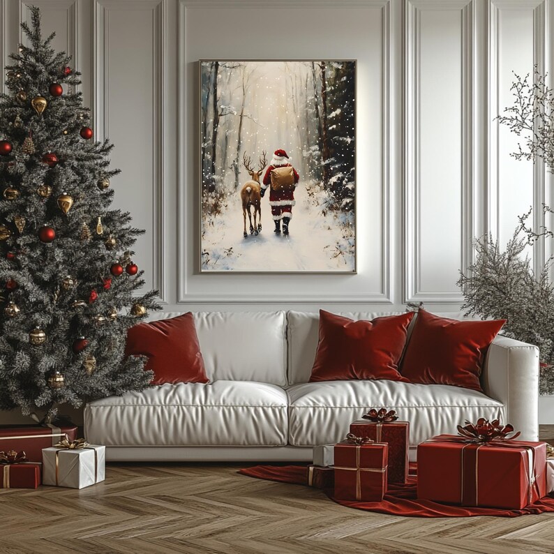 Santa Claus Reindeer Wall Art Print | Winter Forest Snowfall ...