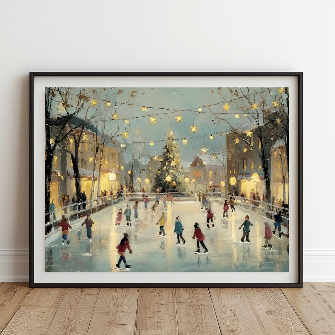Vintage Ice Skating Rink Art Print | Christmas Town Square Wall Art ...