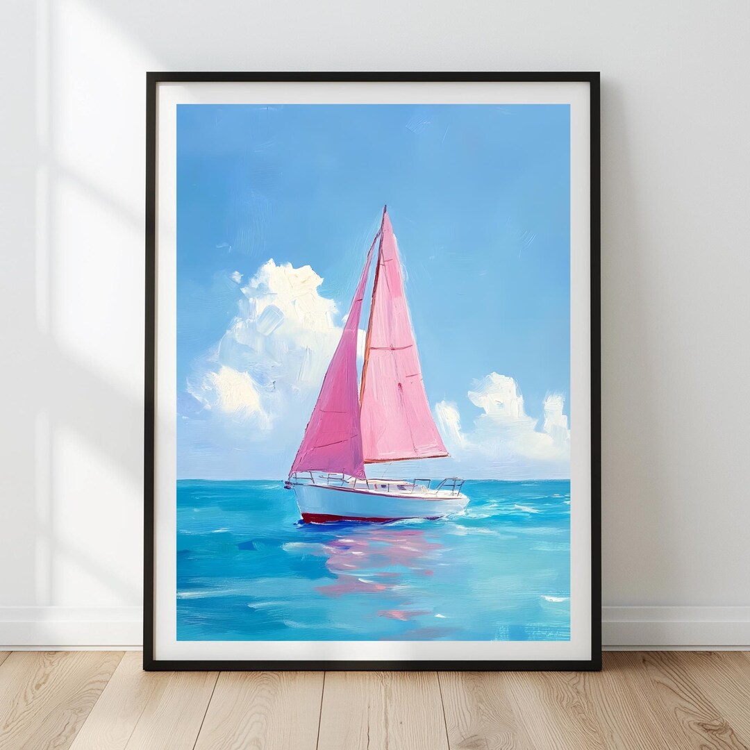 Pink Sailboat Painting | Coastal Boat Wall Art Print | Nautical Summer ...