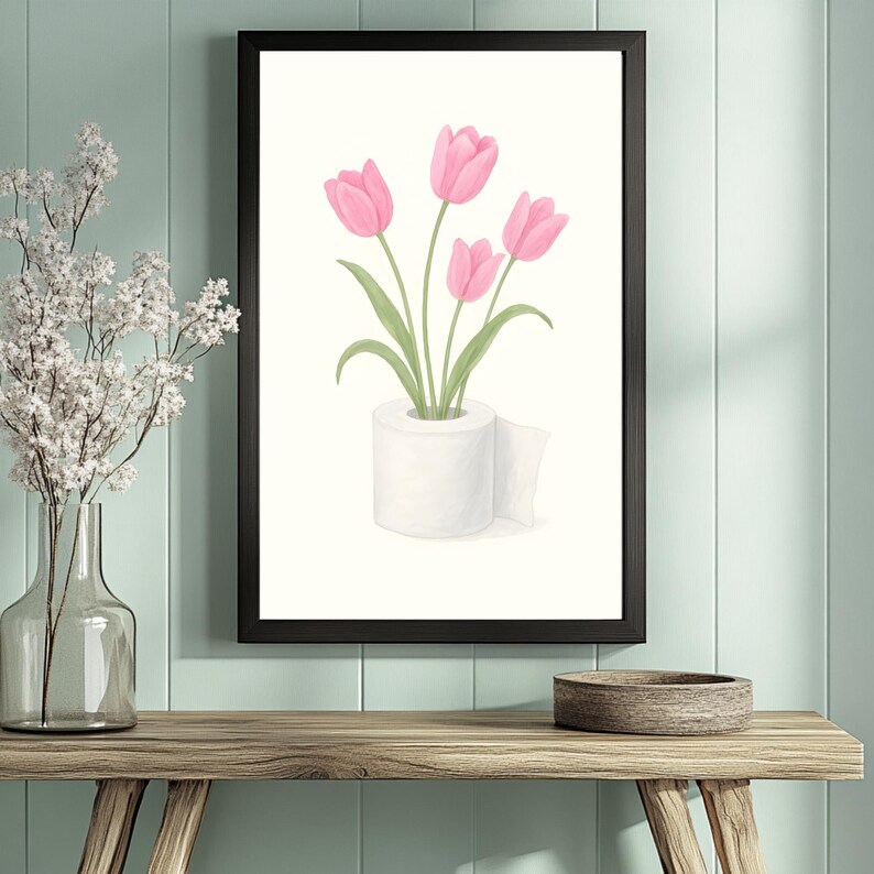 Pink Tulip Toilet Paper Roll Print | Funny Bathroom Wall Art (digital ...