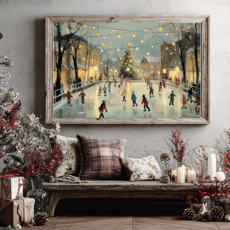 Vintage Ice Skating Rink Art Print | Christmas Town Square Wall Art ...