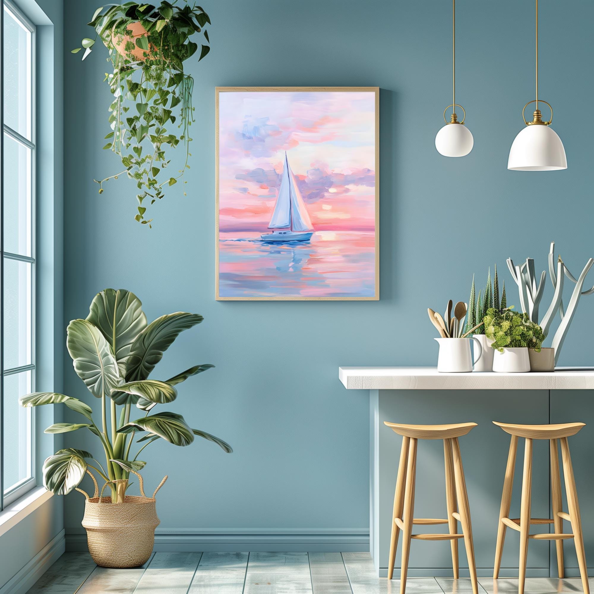 Pastel Pink Sailboat Sunset Art Print: Coastal Beach House Decor ...