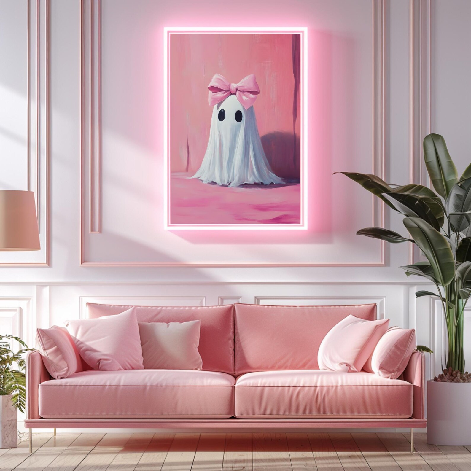 Pink Bow Ghost Wall Art Print, Halloween Decor, Preppy Trendy Printable ...
