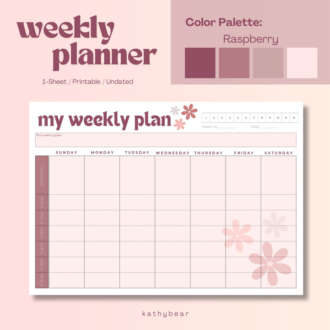 Pink Weekly Planner Template, Printable, Landscape, Weekly Schedule ...