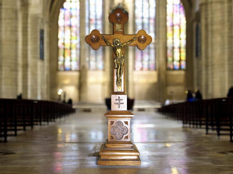 Antique French Carved Wooden Crucifix Altar With Brass Jesus - Lourdes ...