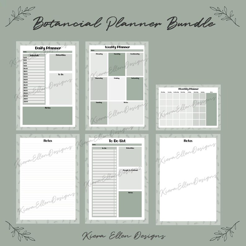 Botanical Planners and Notes Printable Bundle in Green Nature Inspired ...