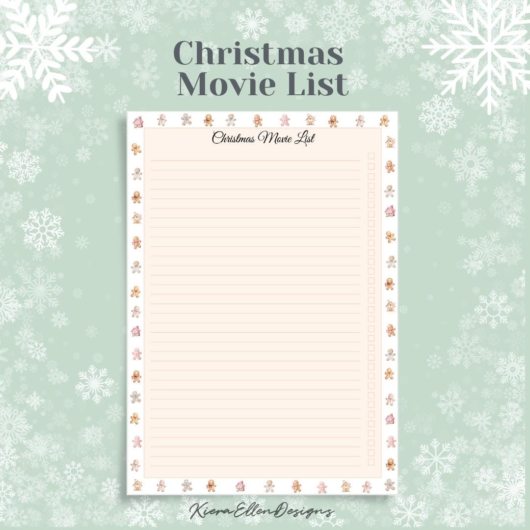 Gingerbread Christmas Movie List Printable | Festive Digital Download ...