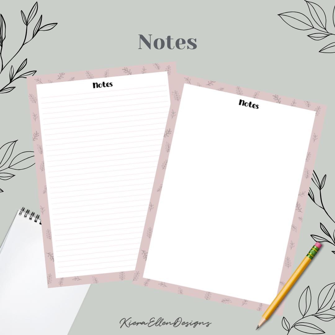 Botanical Lined and Plain Notes Pink Printable | Nature Inspired ...