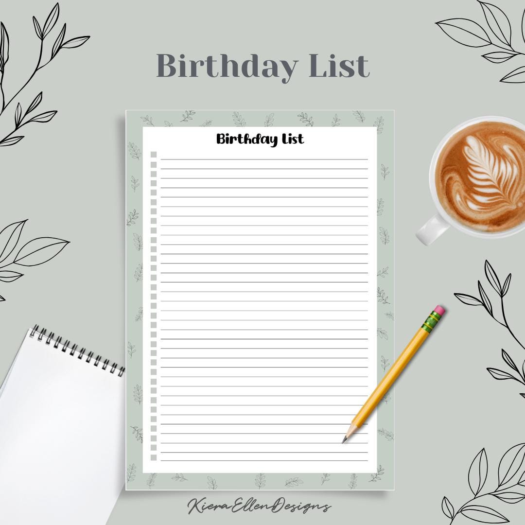 Green Birthday List Printable | Organise Your Life With Nature-inspired ...