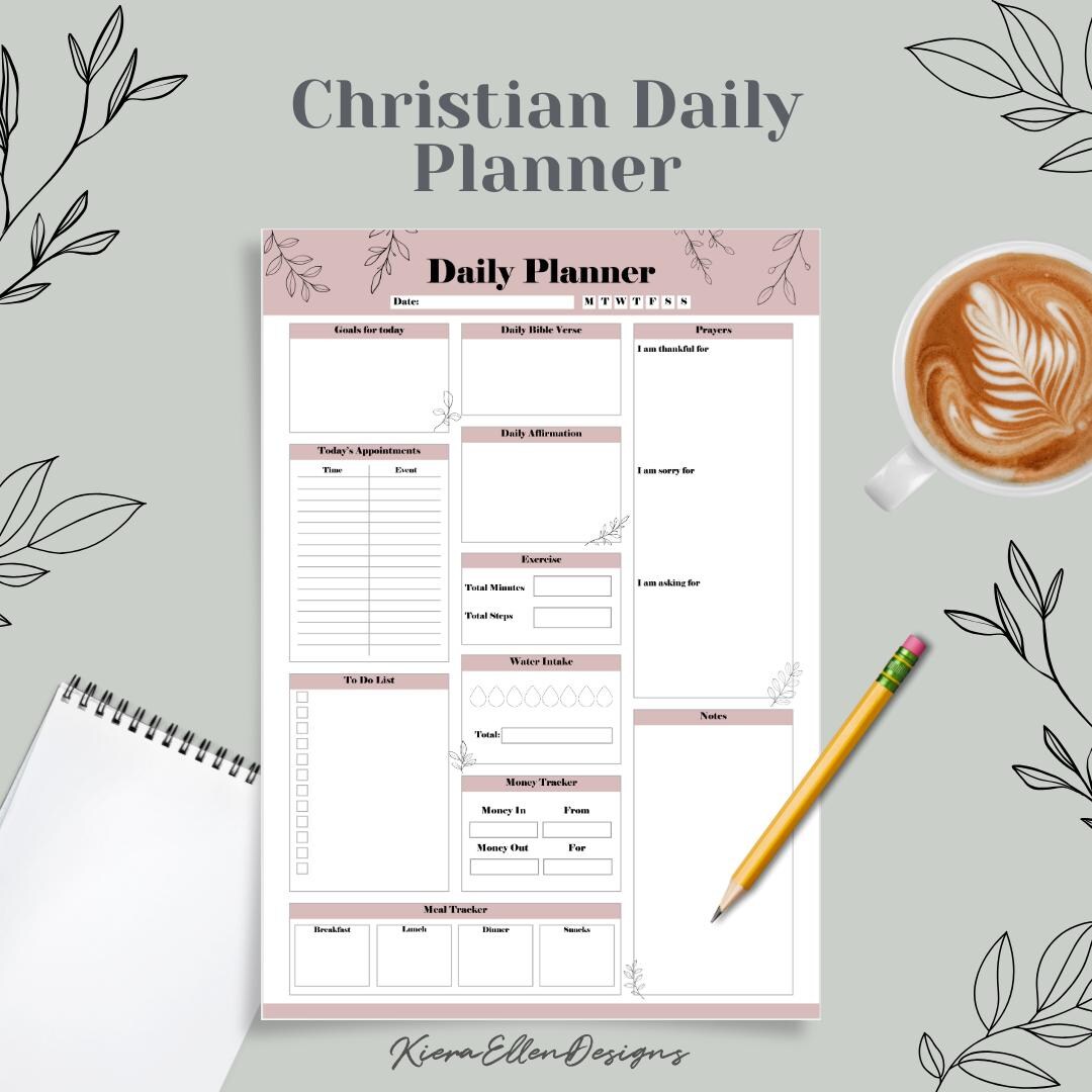 Pink Christian Daily Planner Printable: Botanical Leaf Design (PDF) - Etsy