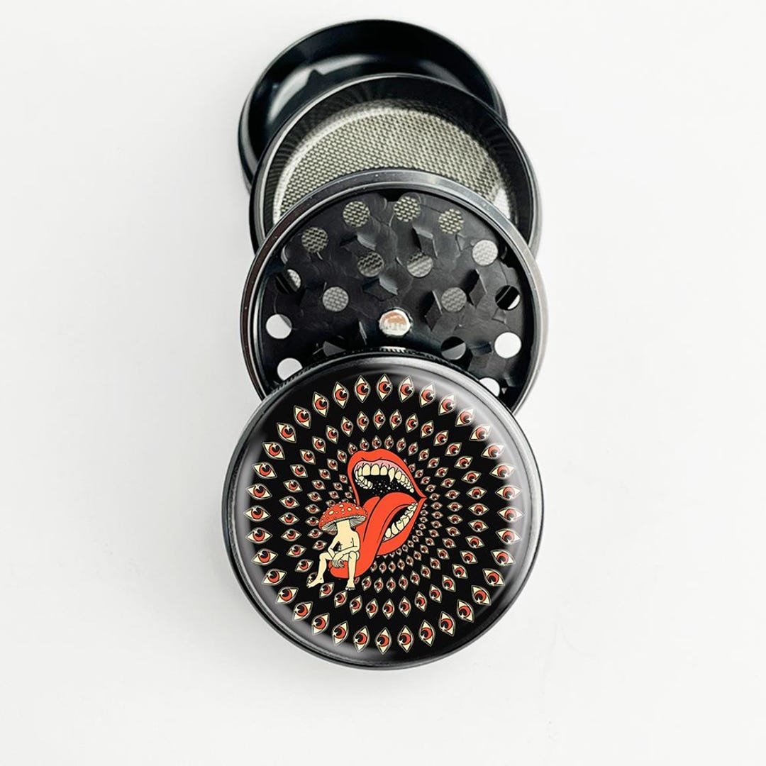 Psychedelic Eyes Mouth and Mushroom Man Grinder Black Grinder Herb ...