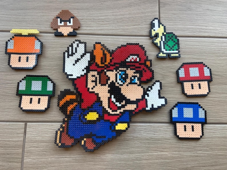 Retro Mario Perler Bead Set 7pcs Handmade Pixel Art With Mario, Goomba ...