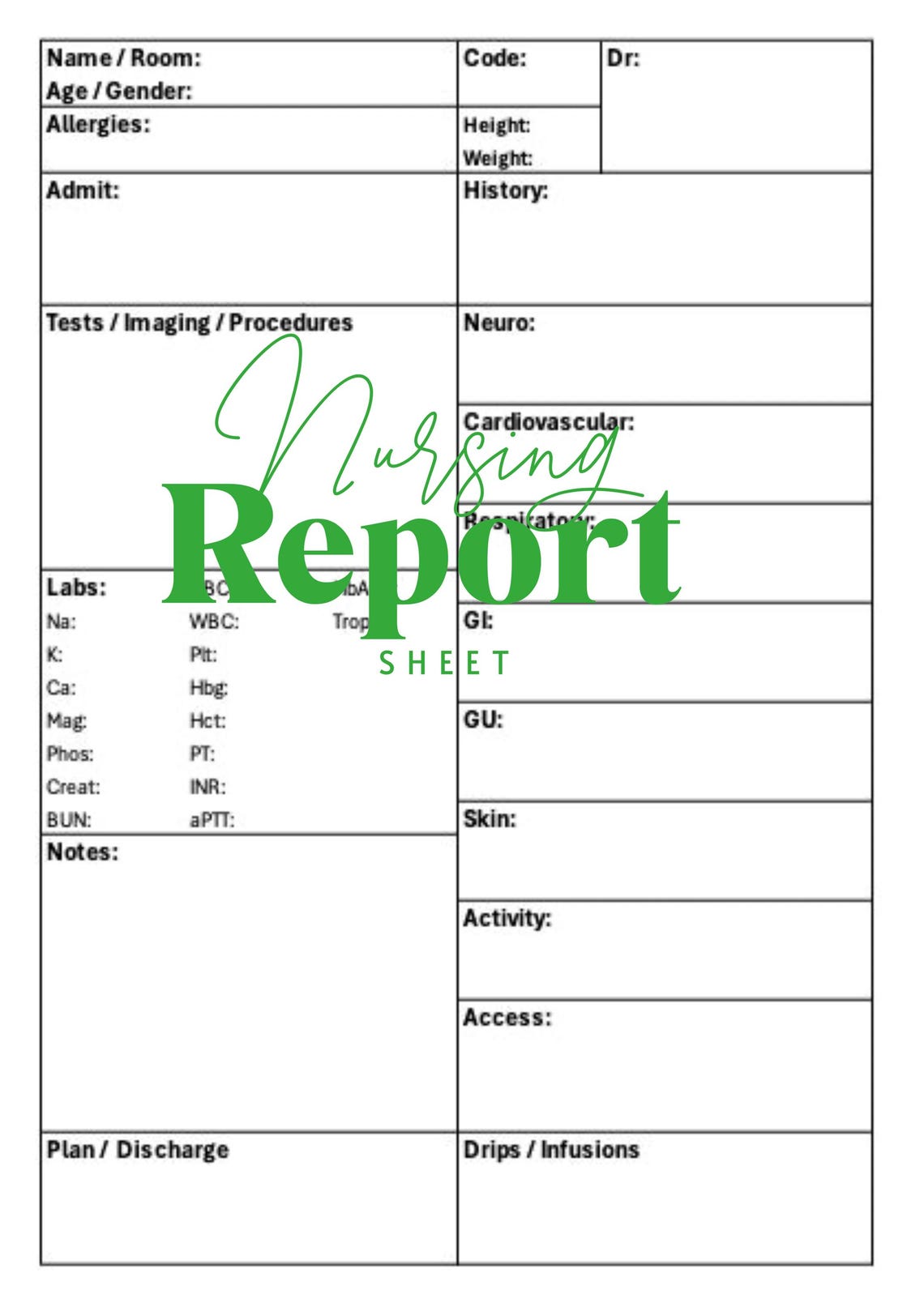 Nursing Report Sheet, Nursing Brain, RN Handoff, Nurse Handoff - Etsy