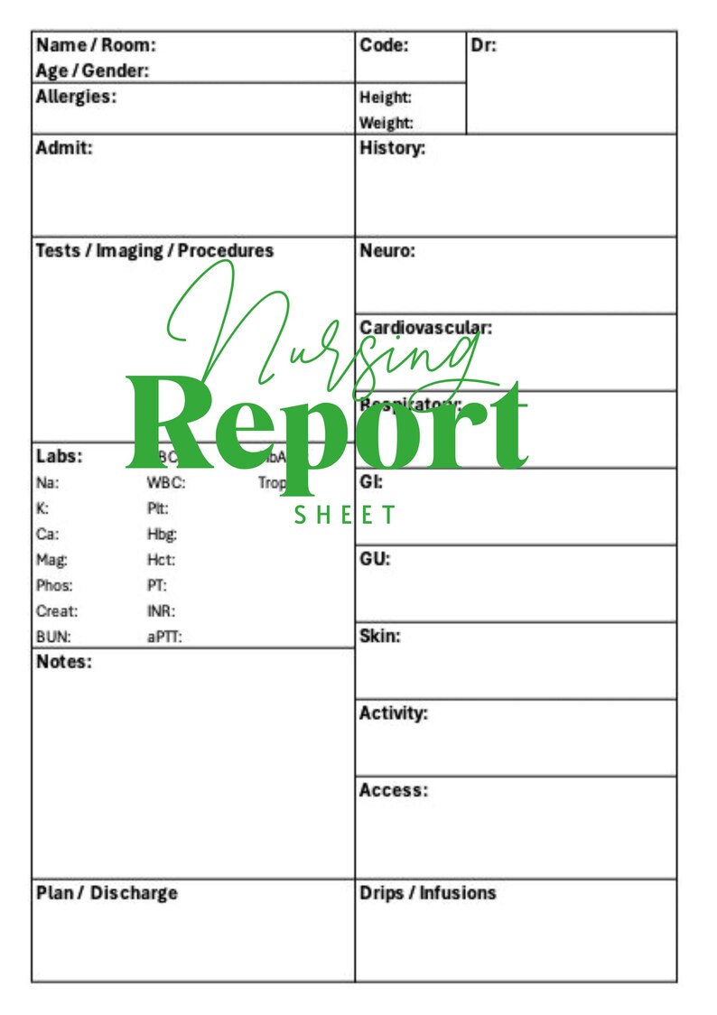 Nursing Report Sheet, Nursing Brain, RN Handoff, Nurse Handoff - Etsy