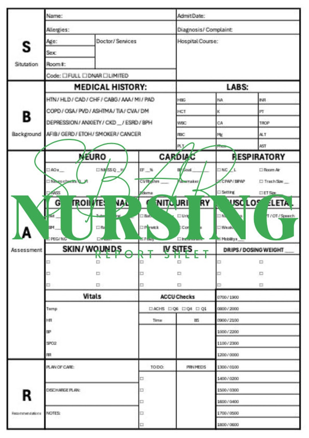 SBAR Nursing Report - Black and White Version, Nurse Shift Handoff ...