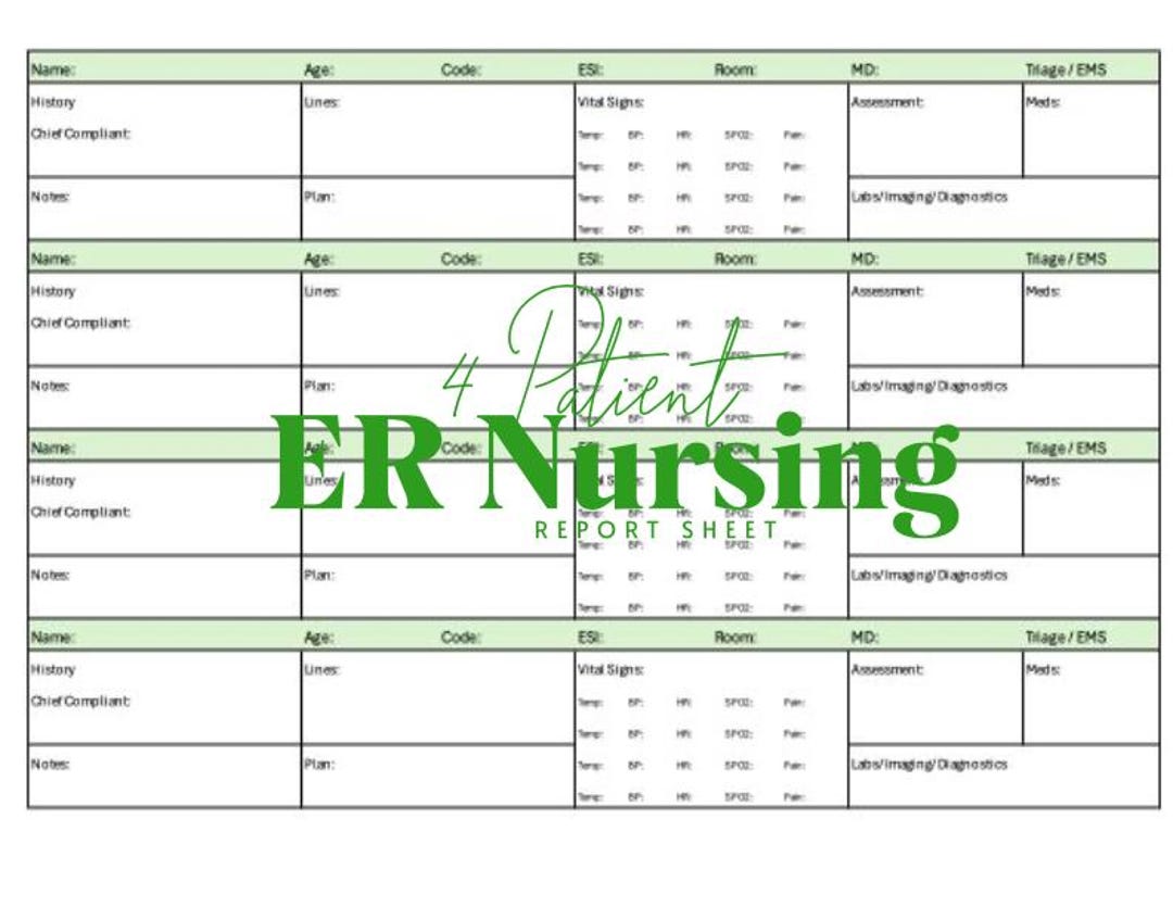 4 Patient Emergency Room Nursing Report Sheet- Horizontal - Etsy