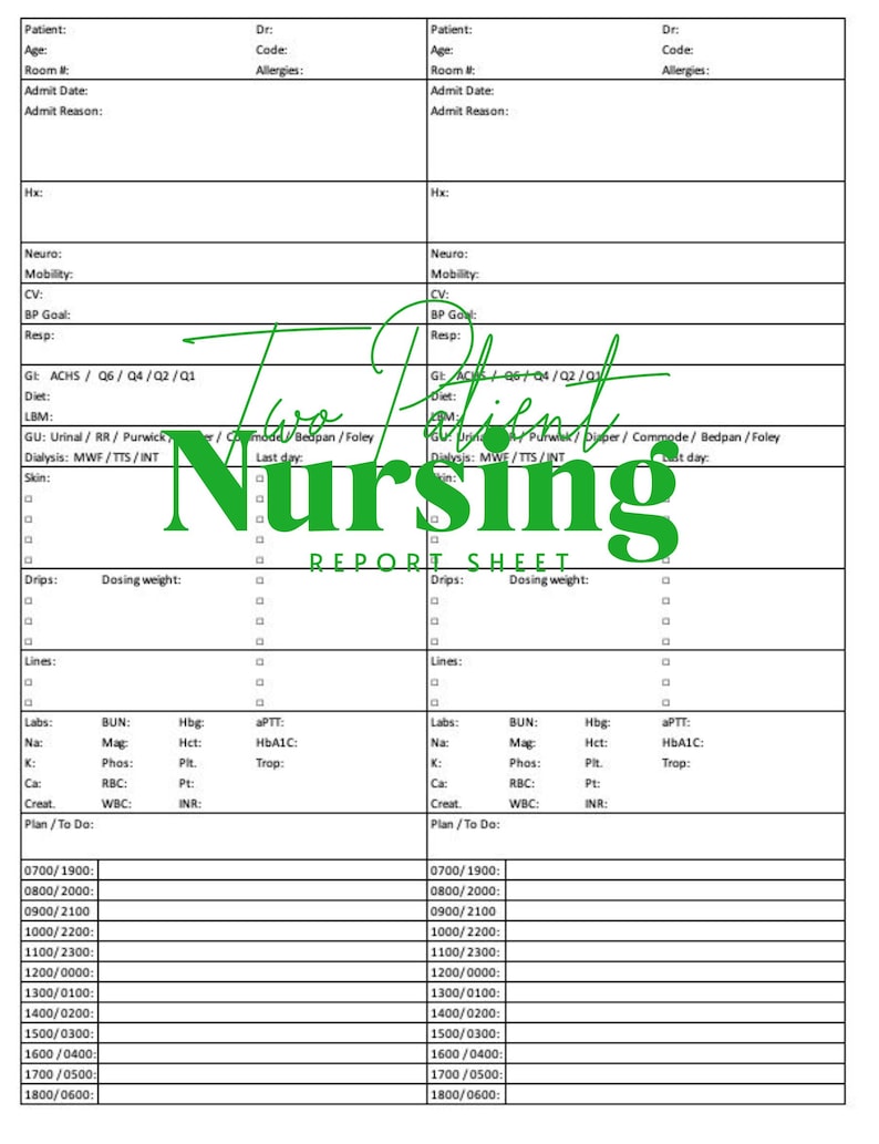Two Patient Nursing Report Sheet, Nurse Shift Handoff, Nursing Report ...