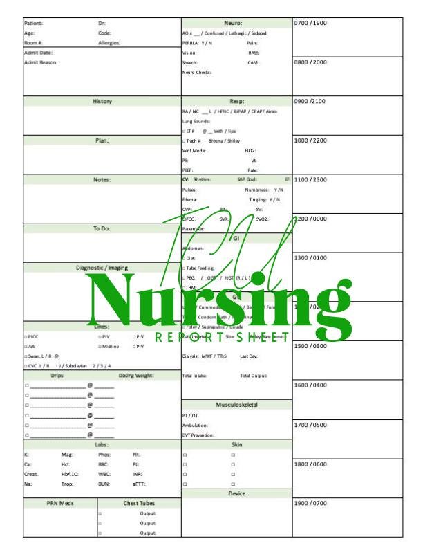 ICU Nursing Report Sheet, RN Handoff, Nursing Brain, Report Sheet - Etsy