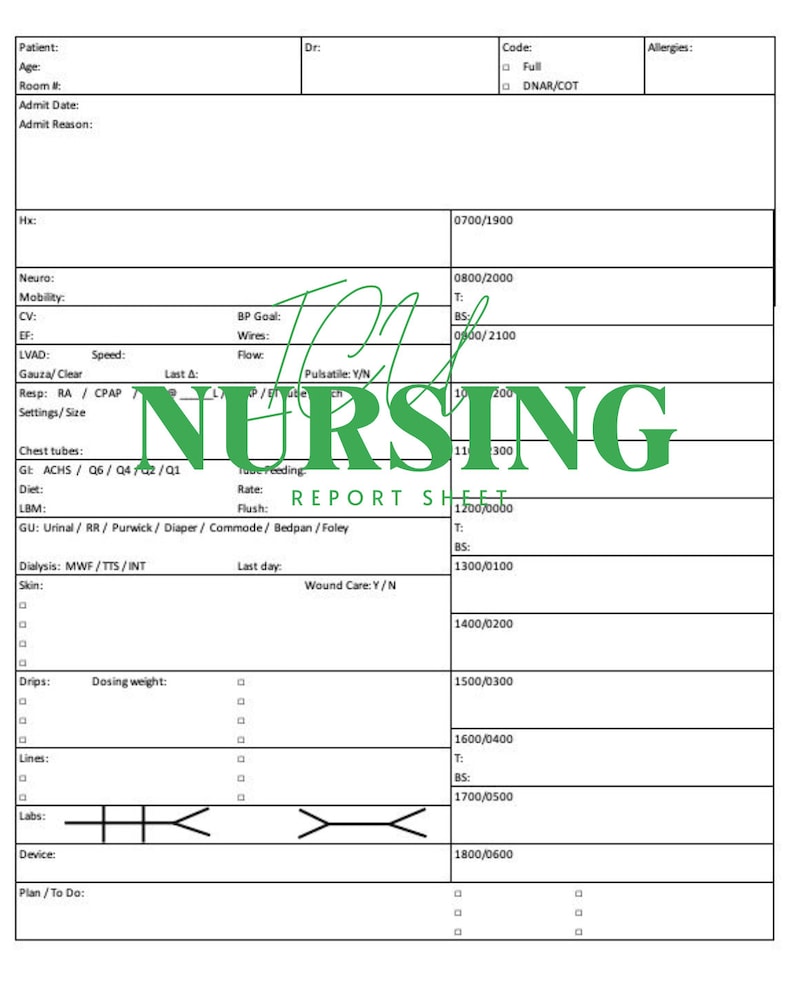 ICU Nursing Report Sheet, Nurse Shift Handoff, Nursing Report Sheet, RN ...