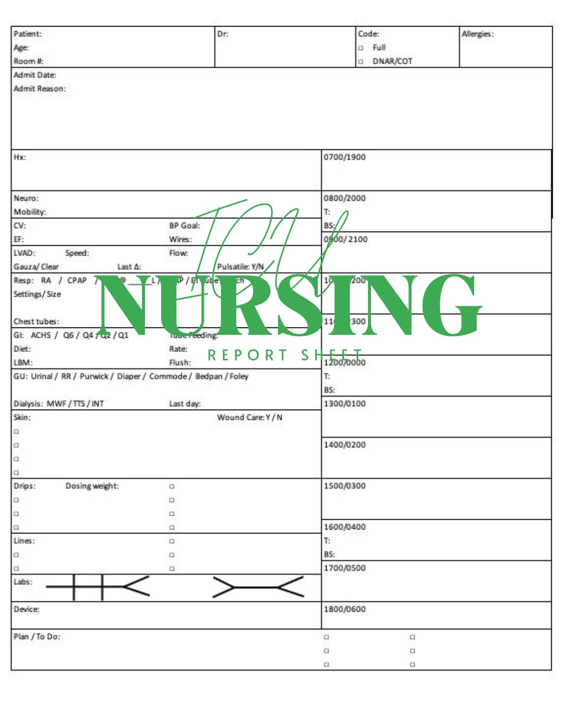 ICU Nursing Report Sheet, Nurse Shift Handoff, Nursing Report Sheet, RN ...