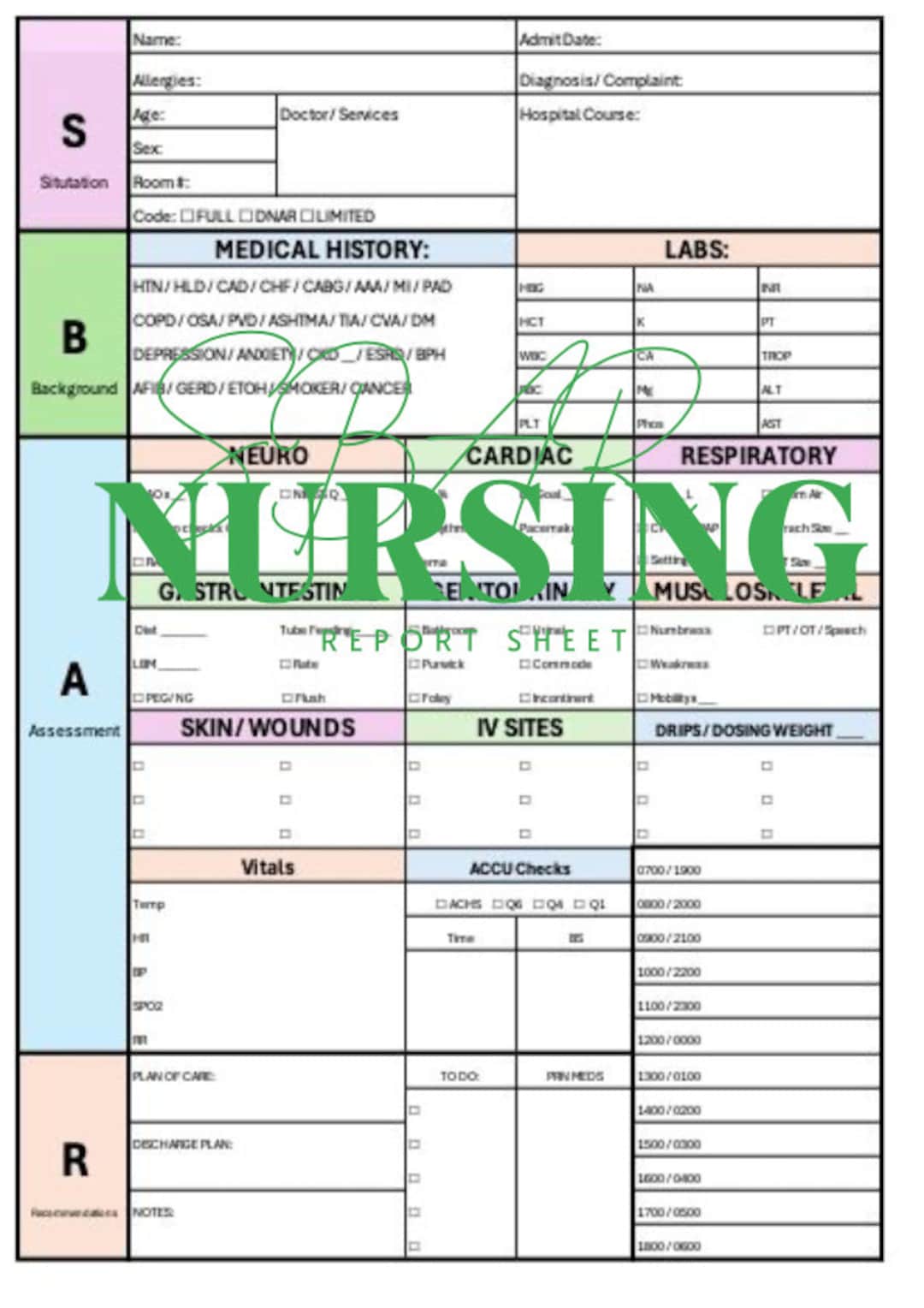 SBAR Nursing Report - Color Version, Nurse Shift Handoff, Nursing ...