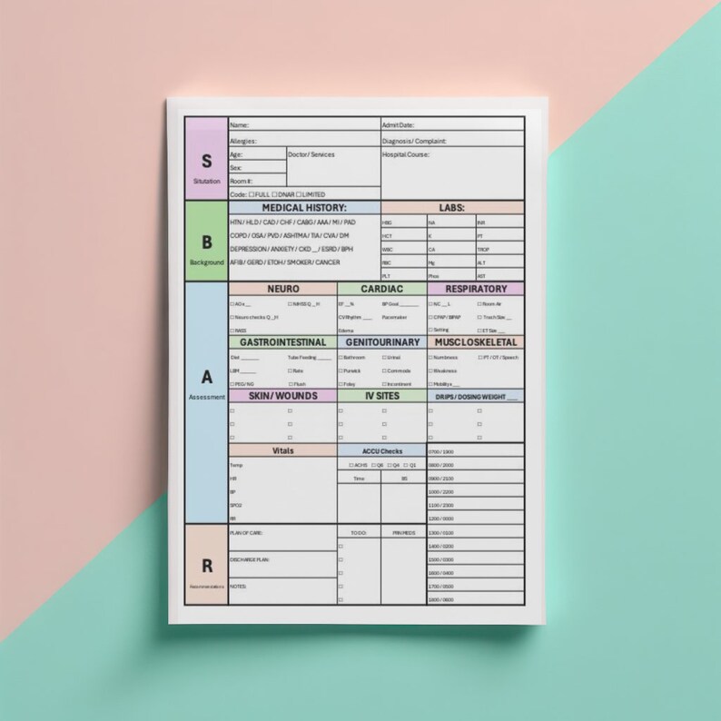 SBAR Nursing Report - Color Version, Nurse Shift Handoff, Nursing ...