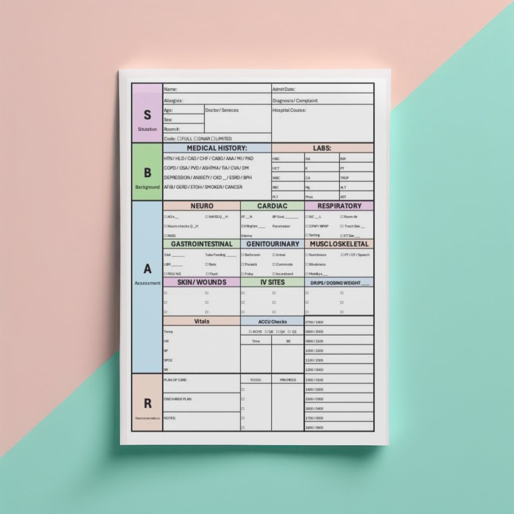 SBAR Nursing Report - Color Version, Nurse Shift Handoff, Nursing ...