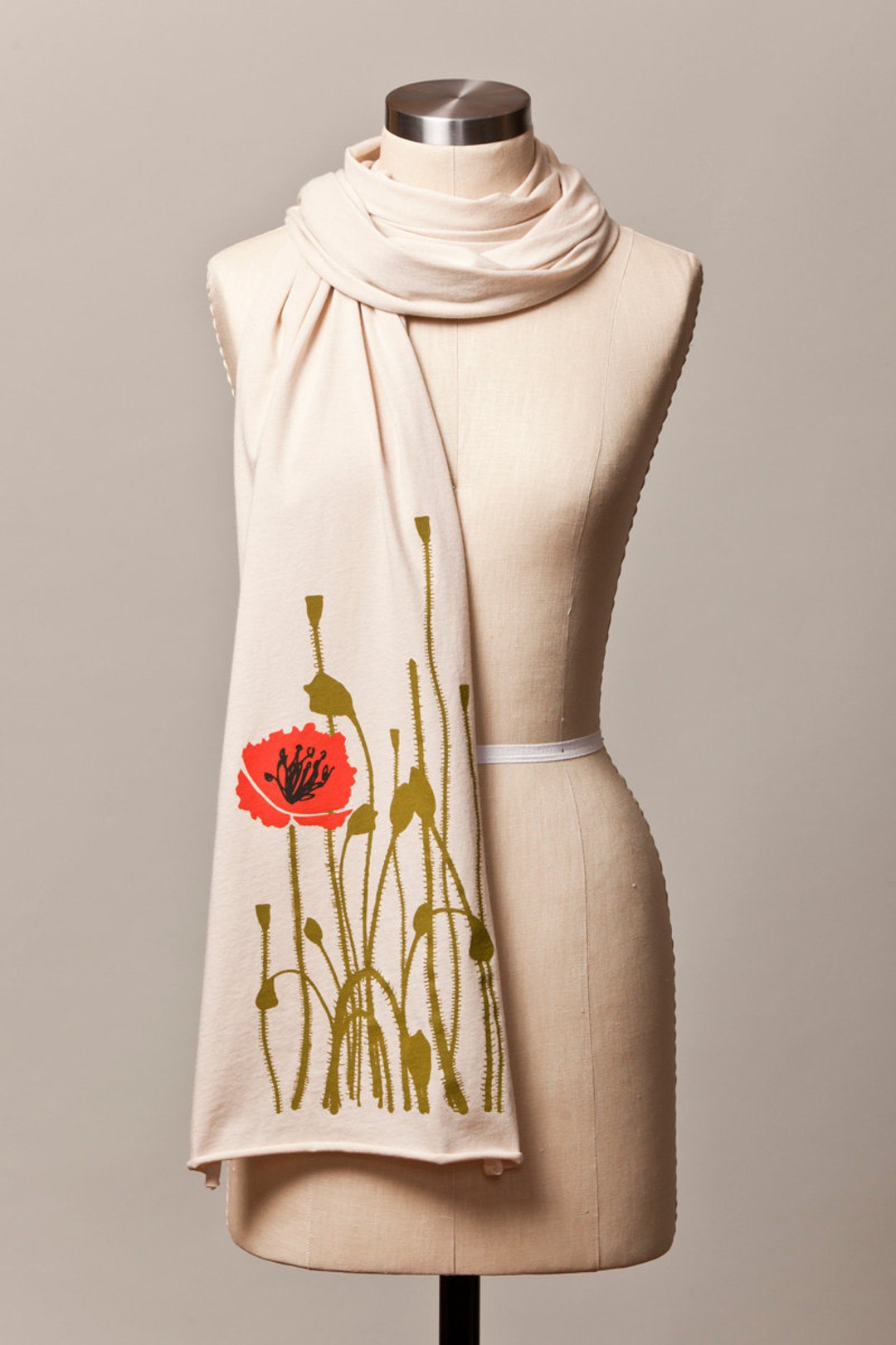 Poppy Scarf, Red Poppy, Cream Scarf, Neutral Scarf, Long Soft Scarf - Etsy