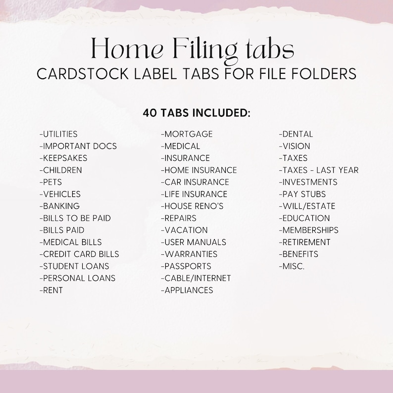 HOME FILING System Tabs, File Folder Labels in 8 Font Options, White ...