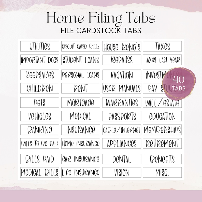 HOME FILING System Tabs, File Folder Labels in 8 Font Options, White ...