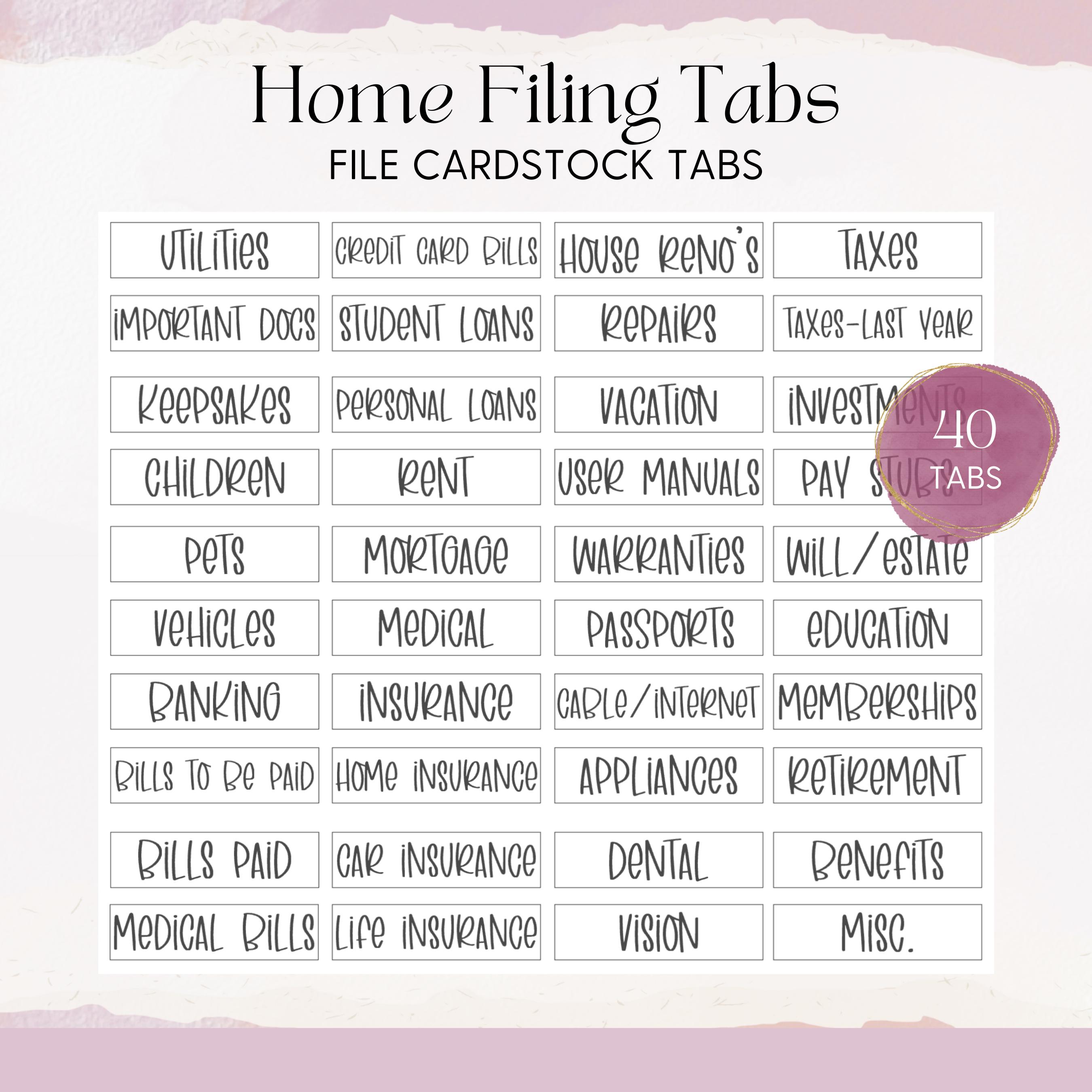 HOME FILING System Tabs, File Folder Labels in 8 Font Options, White ...