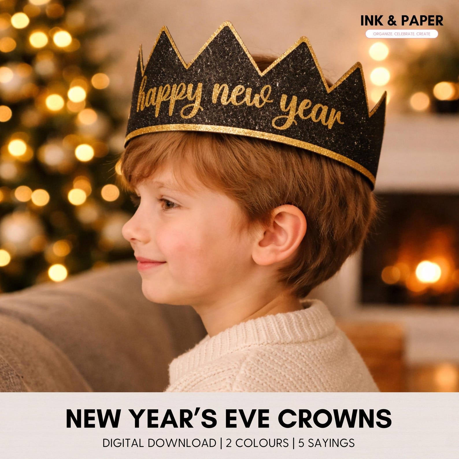New Year’s Eve Crown Printable PDF | Black & Gold Glitter Paper Crown ...