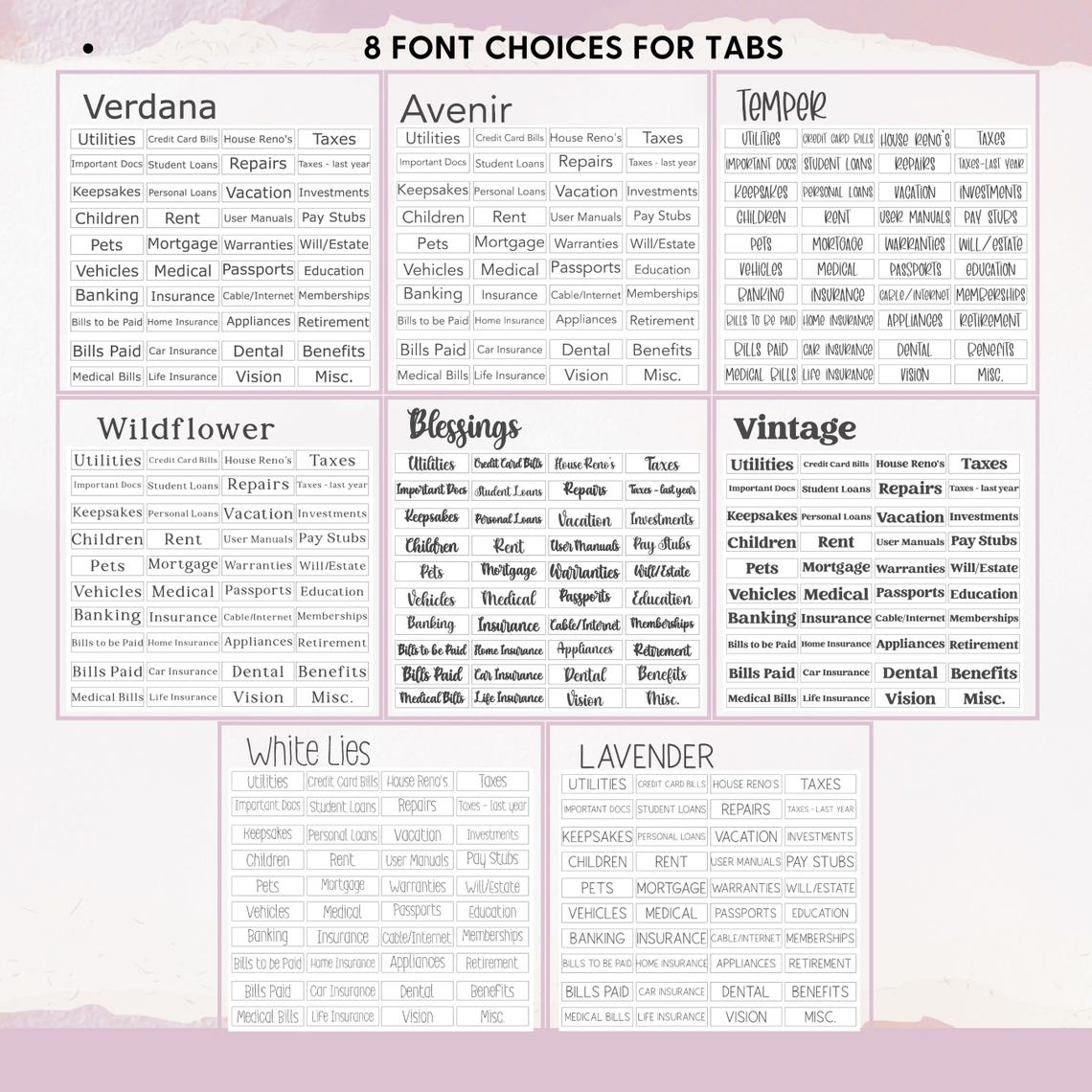 HOME FILING System Tabs, File Folder Labels in 8 Font Options, White ...