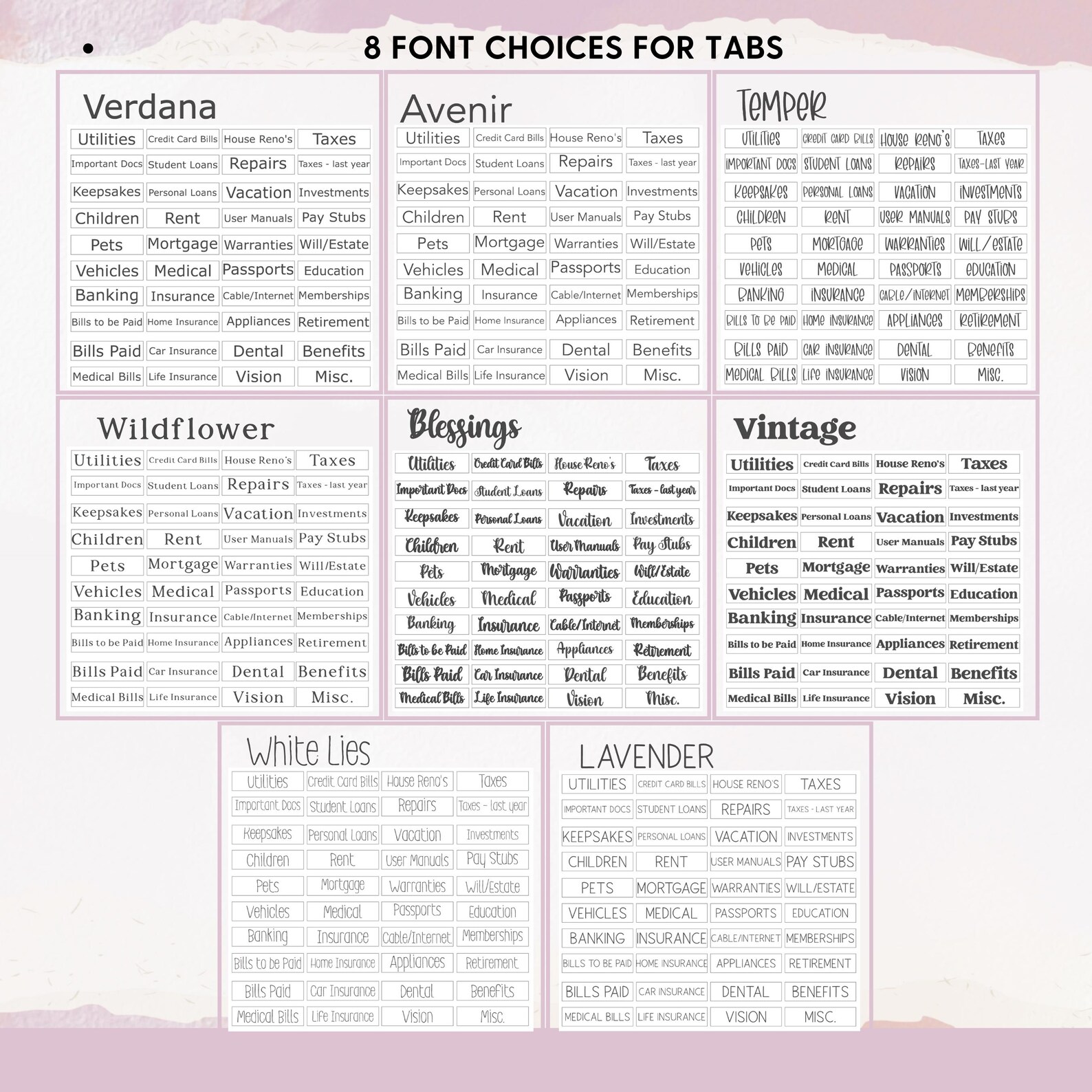 HOME FILING System Tabs, File Folder Labels in 8 Font Options, White ...