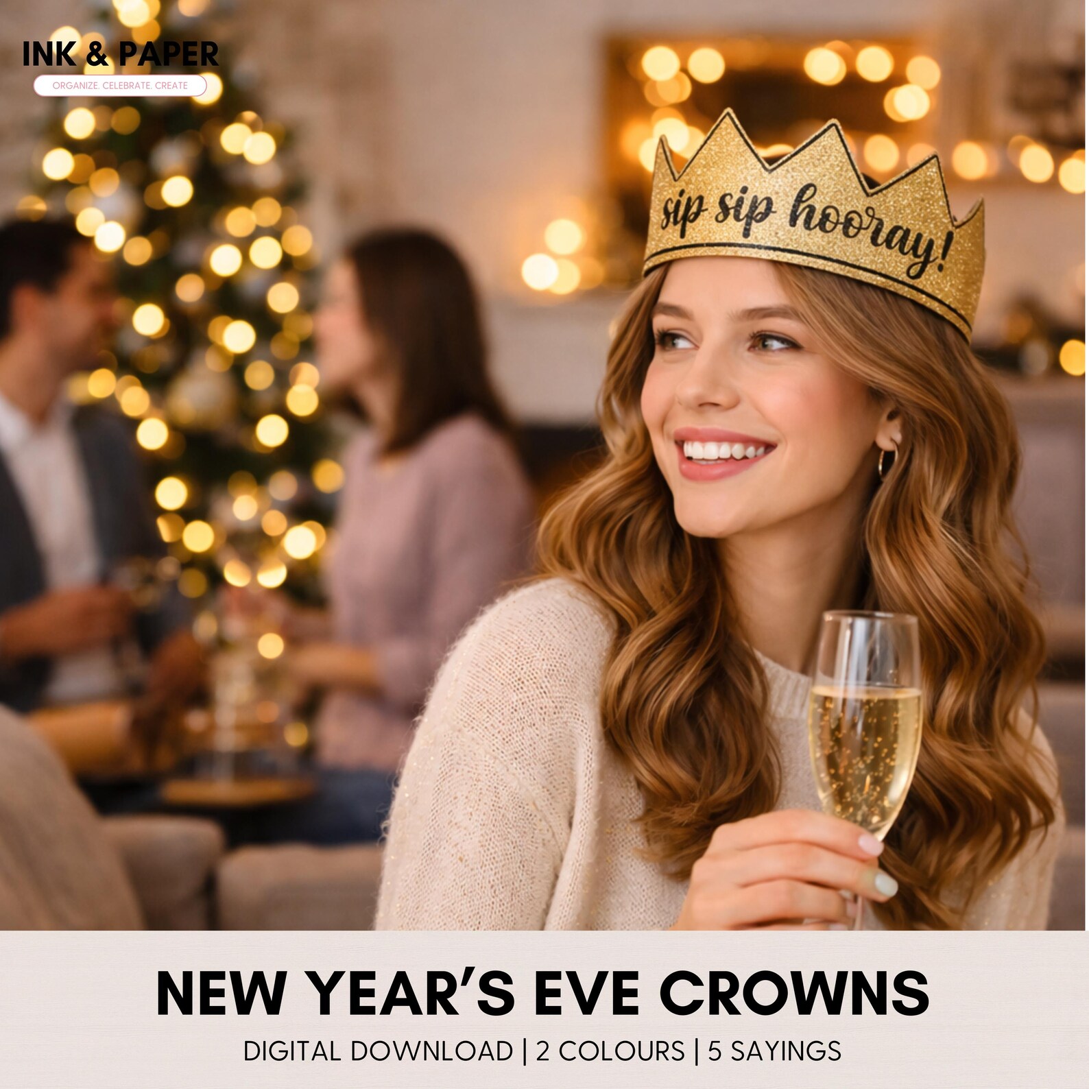 New Year’s Eve Crown Printable PDF | Black & Gold Glitter Paper Crown ...
