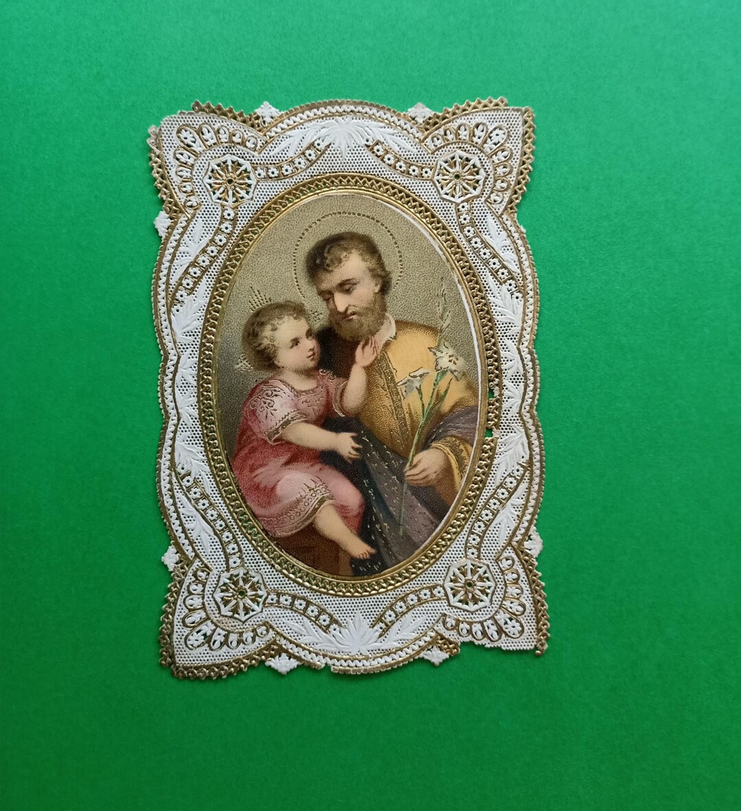 1880s, St. Joseph With Jesus, Antique Prayer Card or Canivet, Beautiful ...