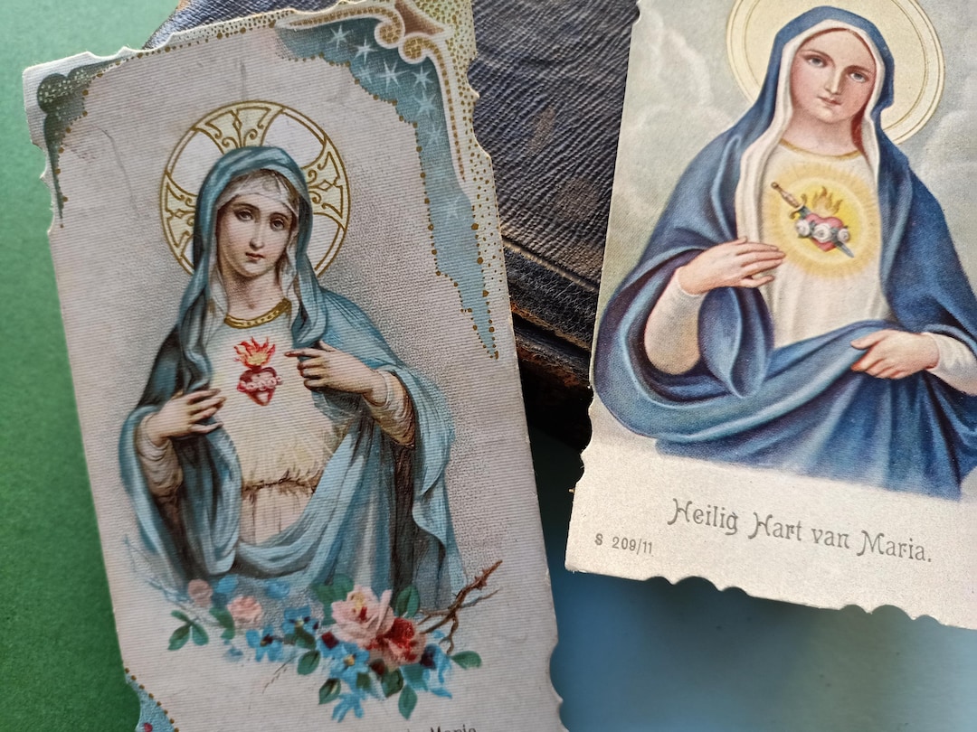 1920s, 2 Pictures Mary With Sacred Heart, Antique Religious Card ...