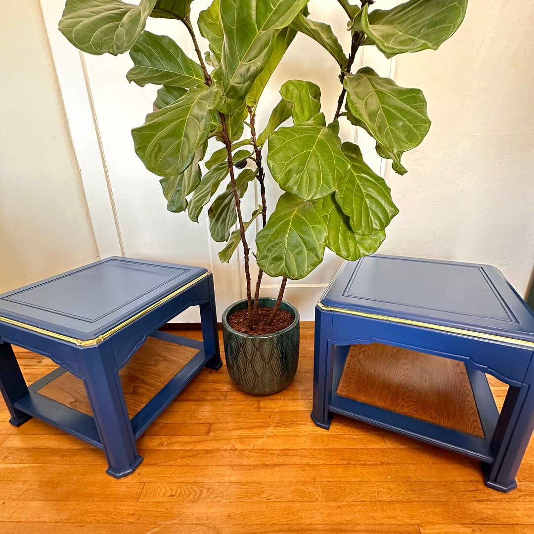 Refinished Vintage Solid Wood Night Stand End Tables in Blue W/gold ...