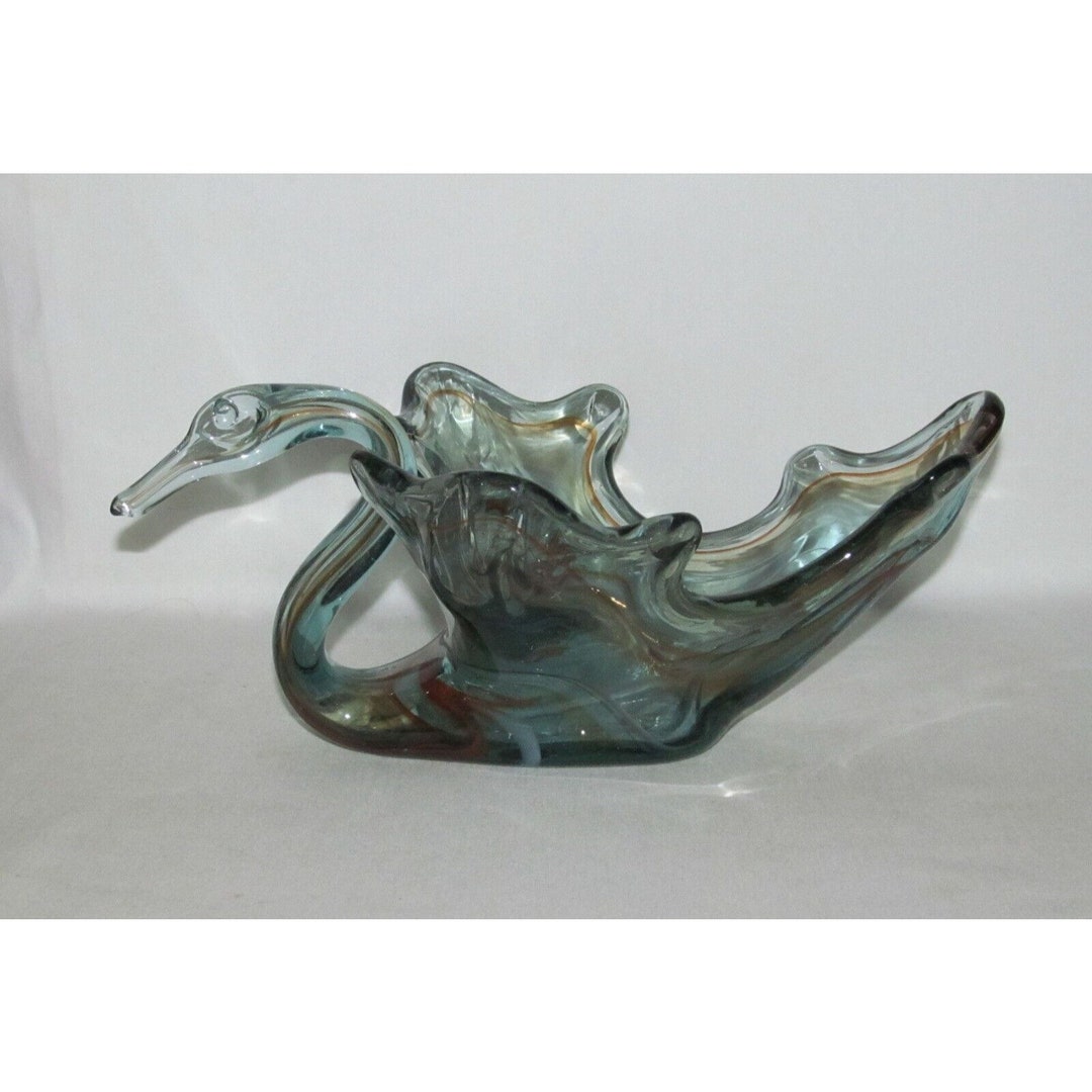 Sooner Glass Co. MCM Marbleized Aqua and Orange Medium Glass Swan - Etsy