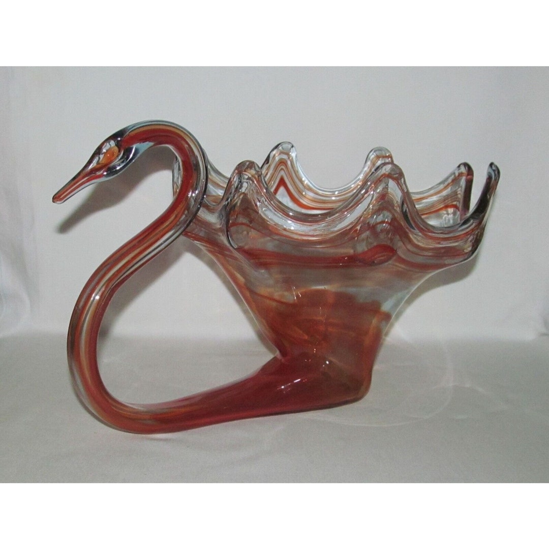 Sooner Glass Co. MCM Marbleized Orange and Crystal Large Glass Swan - Etsy