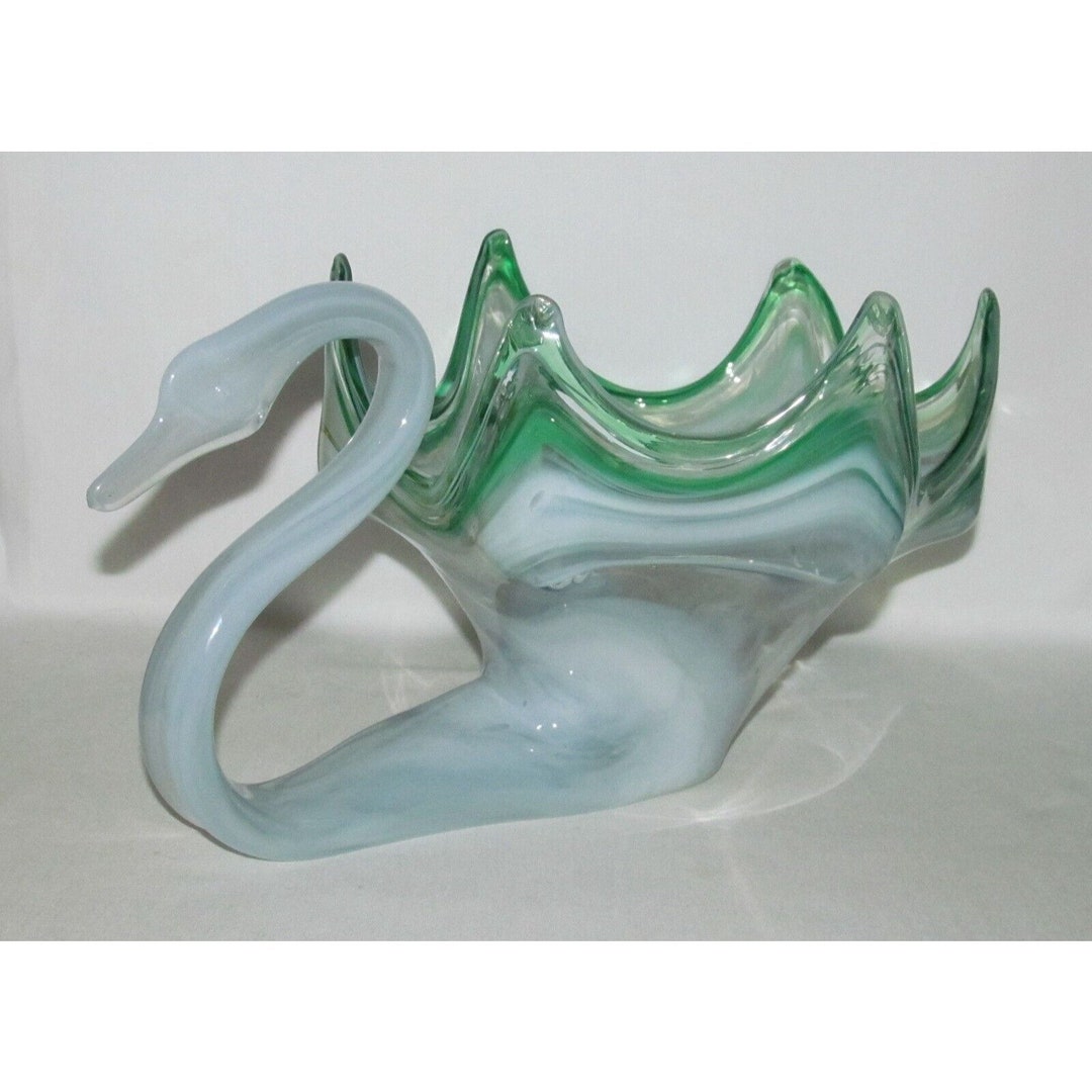 Sooner Glass Co. MCM Marbleized Green and White Large Glass Swan - Etsy