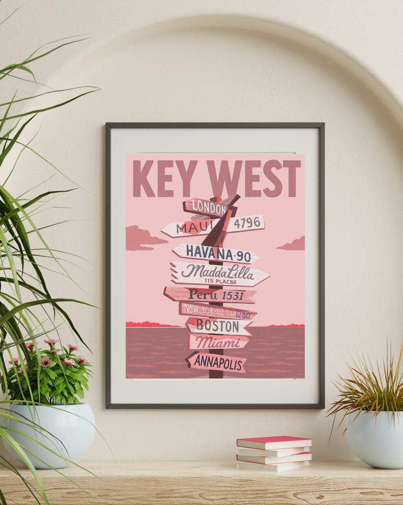 Key West Pastel Travel Poster | Pink Retro Beach Wall Art | Tropical ...