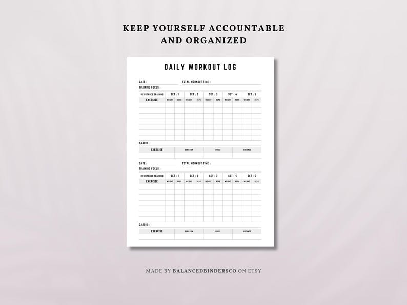 Daily Workout Log Printable PDF | Fitness Tracking Planner Page, Exercise Tracker Journal Insert ...