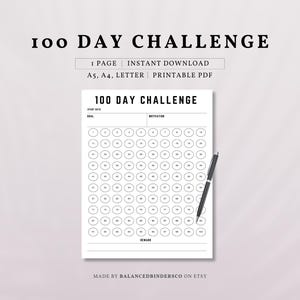 100 Day Challenge Printable PDF | Goal Tracking Planner Insert ...